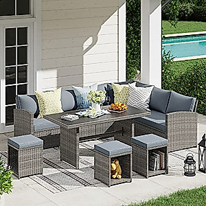 JOIVI Patio Furniture Set, 7 Piece Patio Dining Sofa Set, Outdoor Sectional Sofa Conversation Set All Weather Wicker Rattan Couch Dining Table & Chair with Ottoman, Gray