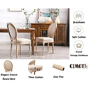 CIMOTA Farmhouse Dining Chairs Set of 4, Upholstered Vintage French Dining Room Chair with Round Back Distressed Wood, Mid Century Side Chairs for Kitchen/Restaurant, Beige/4PCS