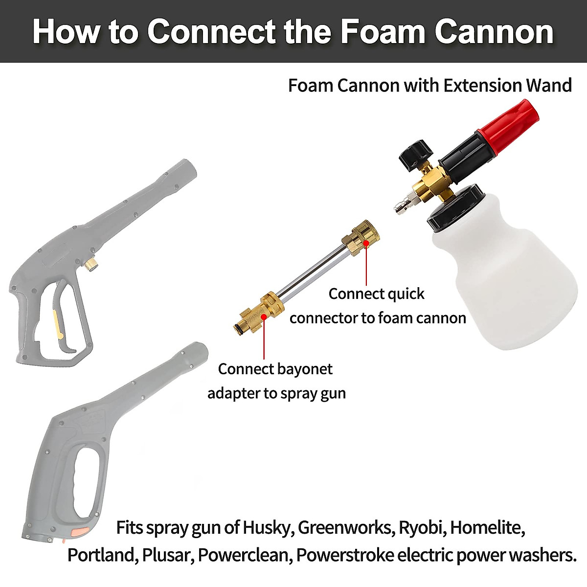 Pressure Washer Foam Cannon Snow Foam Lance & Extension Wand with 1/4” Quick Connector & 5 Spray Tips & Turbo Nozzle for Portland Husky Ryobi Greenworks Pressure Washer