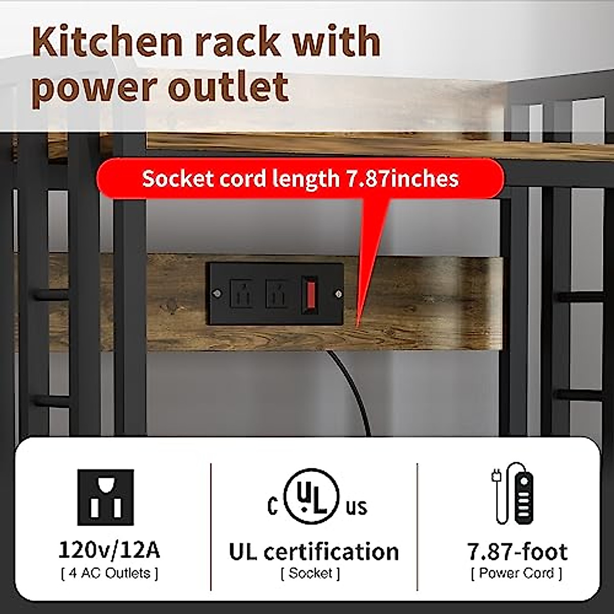 SIREDEEP Bakers Rack with Power Outlet ，4-Tier Kitchen Baker's Rack, Kitchen Microwave Stand with Storage Suitable for Kitchen, Living Room, Dinning Room，Coffee Bar(Rustic Brown)