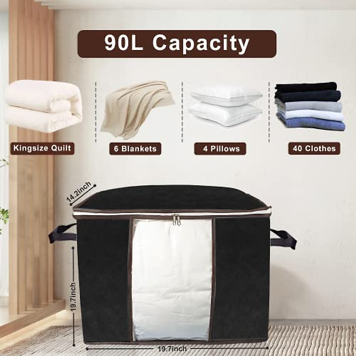 Ragestor ppliessu 90L large clothes storage container closet organizer storage bags for clothes under bed storage bin organizer for closet shelves basement（6pack,Black