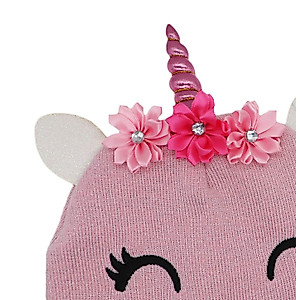 Little Girls Winter Unicorn Beanie Hat and Gloves Set Kids Knitted Earflap Cap Flip Top Mitten Set