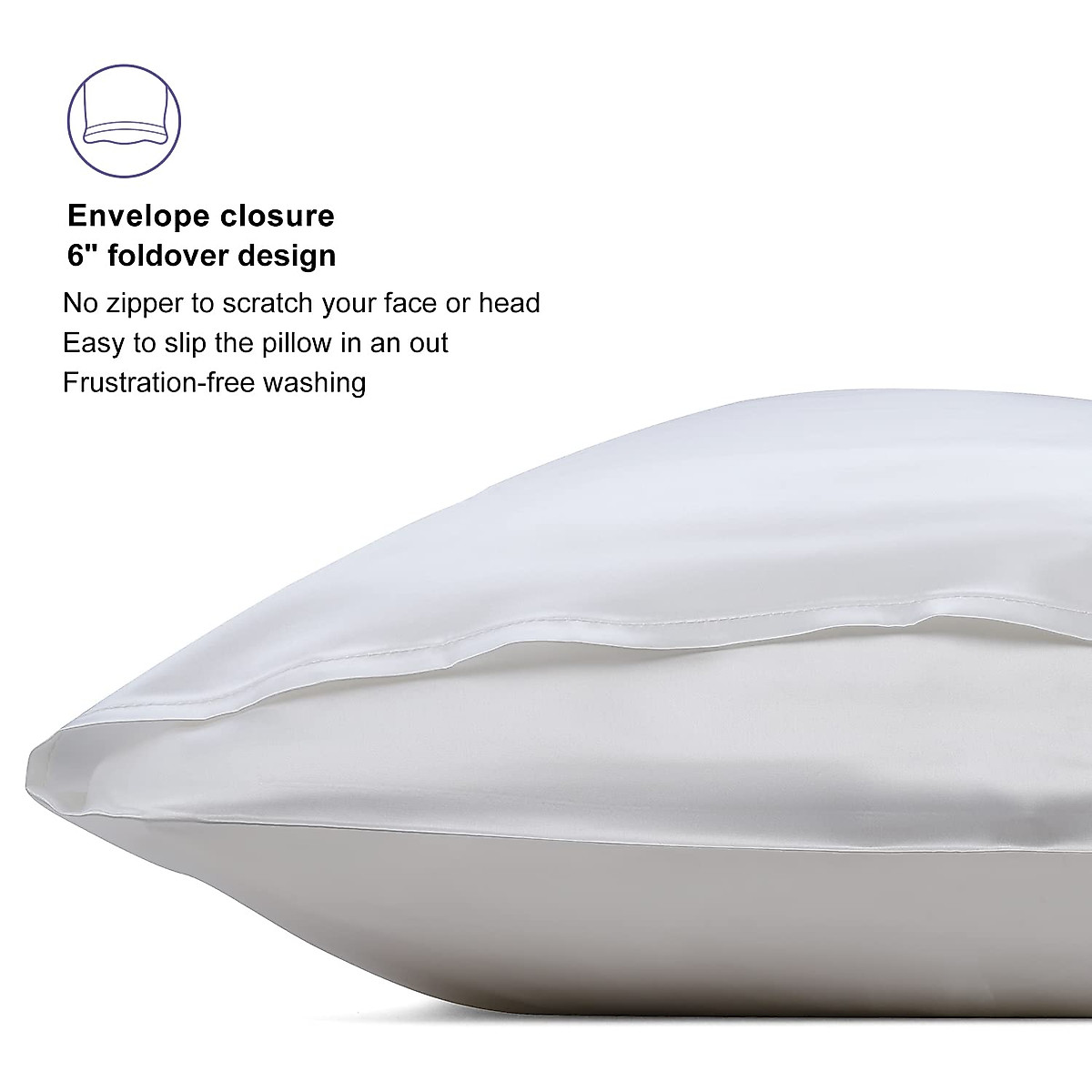 ALASKA BEAR Silk Pillowcase Envelope Closure, 22 Momme 100 Percent Long Overlap Sleeve Mulberry Silk Pillow Case Foldover Design, Machine Washable and NO Zipper, Queen (1, Cool White)