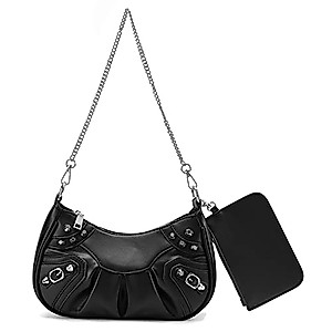 Women's Small Shoulder Handbag with Silver Chain and Removable Coin Pouch and Crossbody Strap (Black)