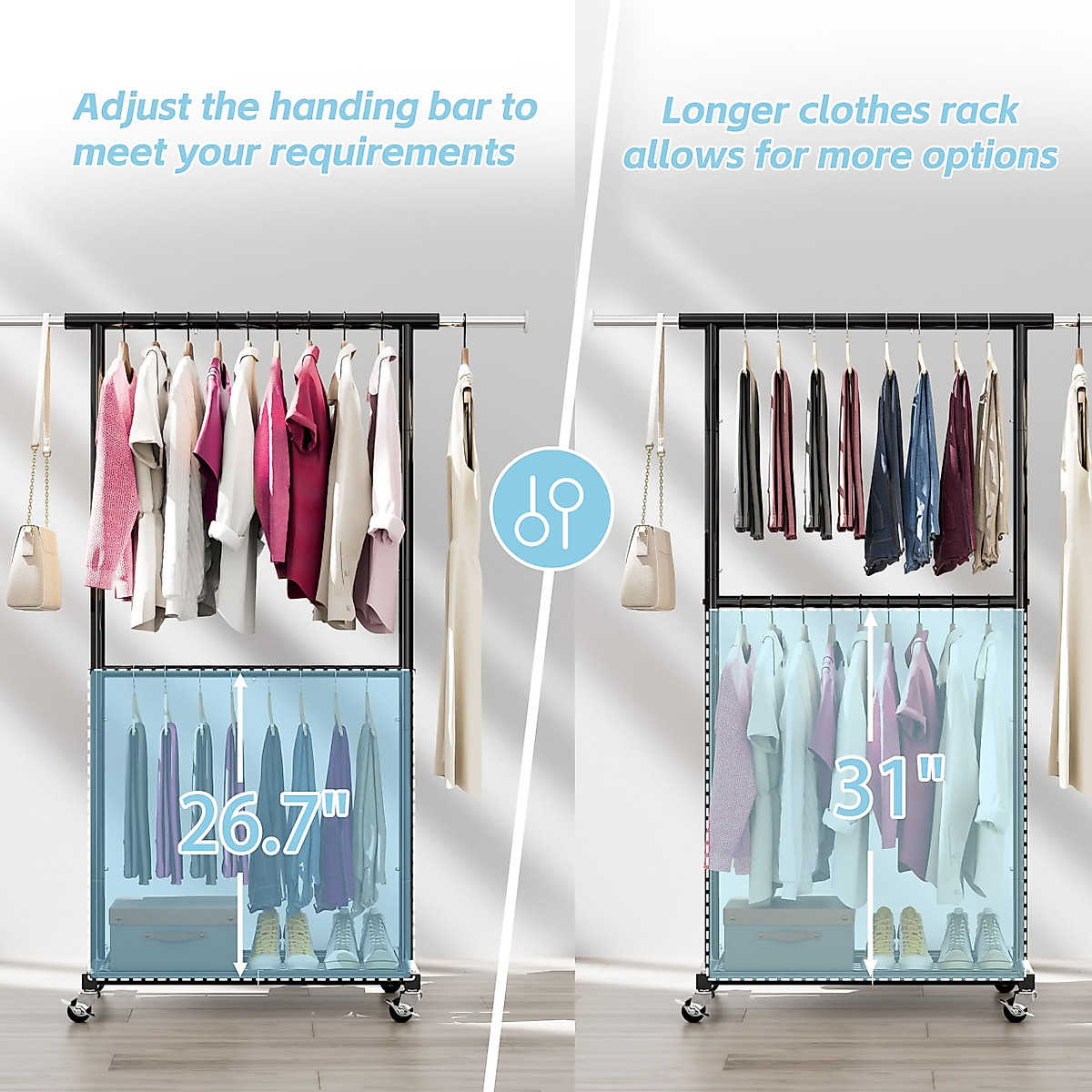 MWQ Double Rod Clothes Garment Rack on Wheels, 50in Long Rolling Clothing Storage Organizer with Adjustable Rod and Shelf, Black