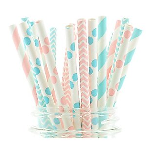 Boy/Girl Baby Shower Straws, Pink & Blue Paper Straws (50 Pack) - Twins or Unisex Straws, Barbershop Striped Straws, Baby Shower Party Favors