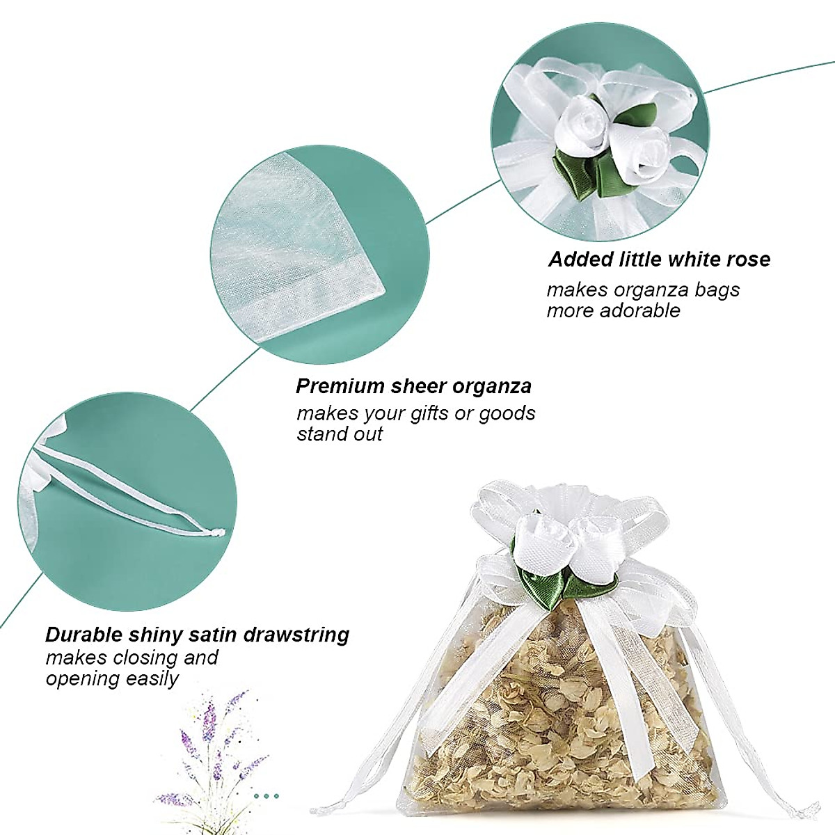 HRX Package White Rose Organza Bags 50pcs, 4 x 4.7 inch Small Mesh Drawstring Gift Bags Jewelry Pouches for Wedding Favor Christmas Candy