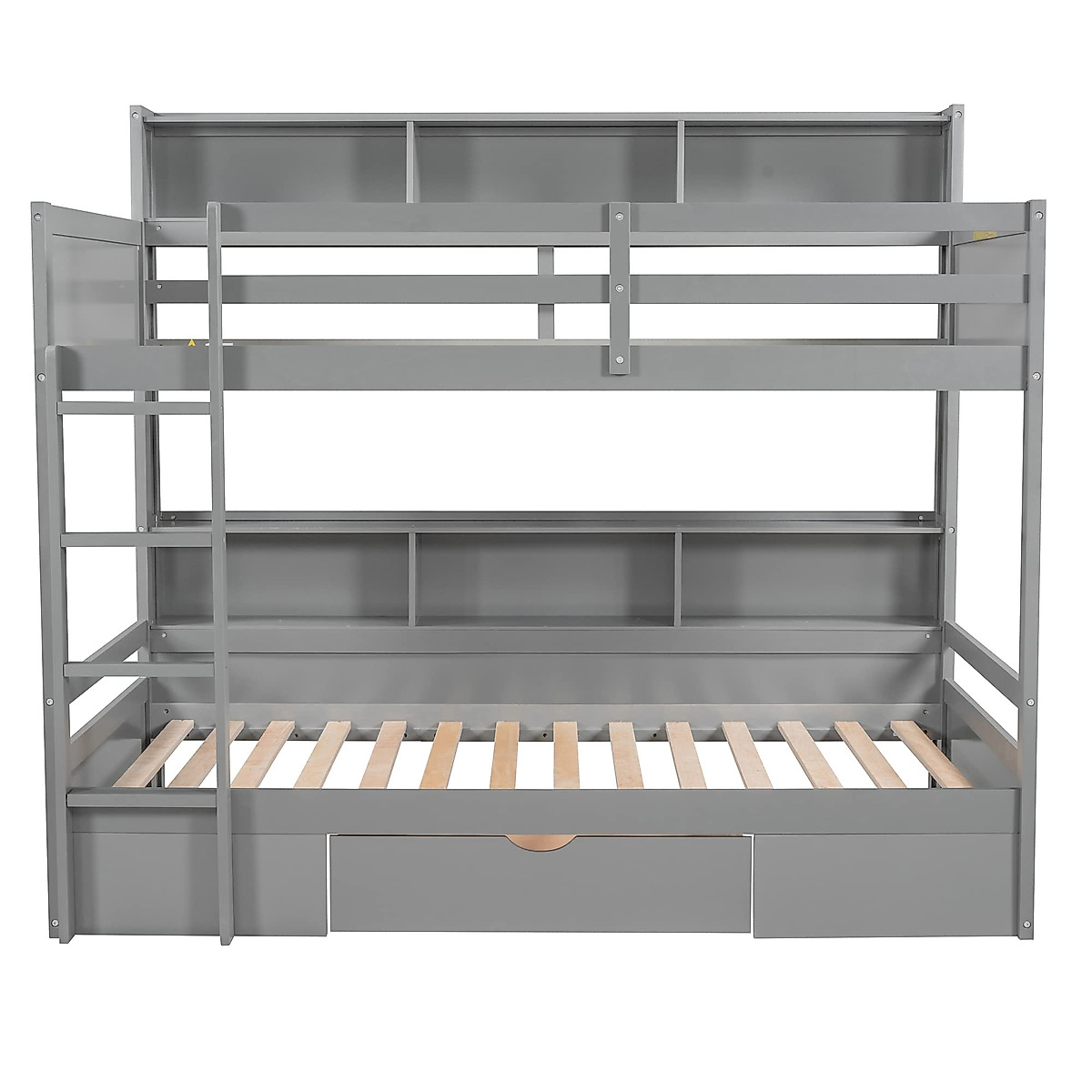 Polibi Twin Over Twin Bunk Bed with Built-in Shelves Beside Both Upper and Down Bed and Storage Drawer, Twin Size Wooden Bunk Bed with Guardrails and Ladder