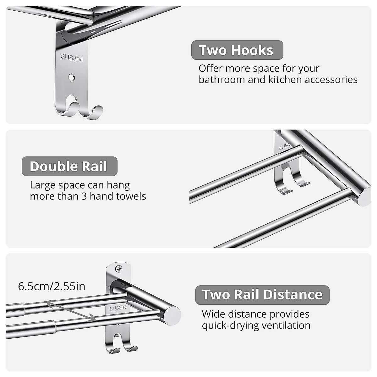 Tanice Double Towel Rail, Stainless Steel Towel Rail Retractable 40-70 Cm/15.75-27.56 Inch Towel Rack Wall Mounted with Screws for Bathroom and Kitchen