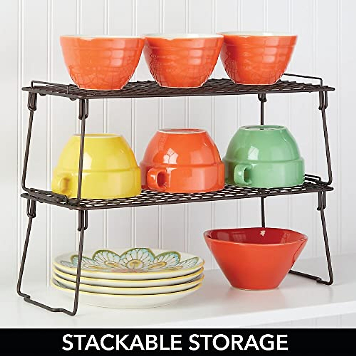 mDesign Metal Stackable Storage Shelf - 2 Tier Raised Food and Kitchen Organizer for Cabinets, Pantry Shelves, Countertops, Closet, 2 Pack, 7" x 17.3" x 6.5" - Bronze