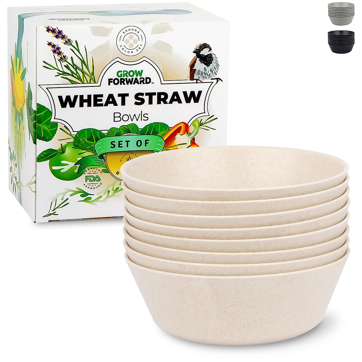 Grow Forward Premium Wheat Straw Cereal Bowls Set of 8-28oz Microwave Safe Plastic Bowls Reusable - Unbreakable BPA-Free Dishwasher Safe Bowls for Camping, RV - Bowls for Kitchen - Sahara