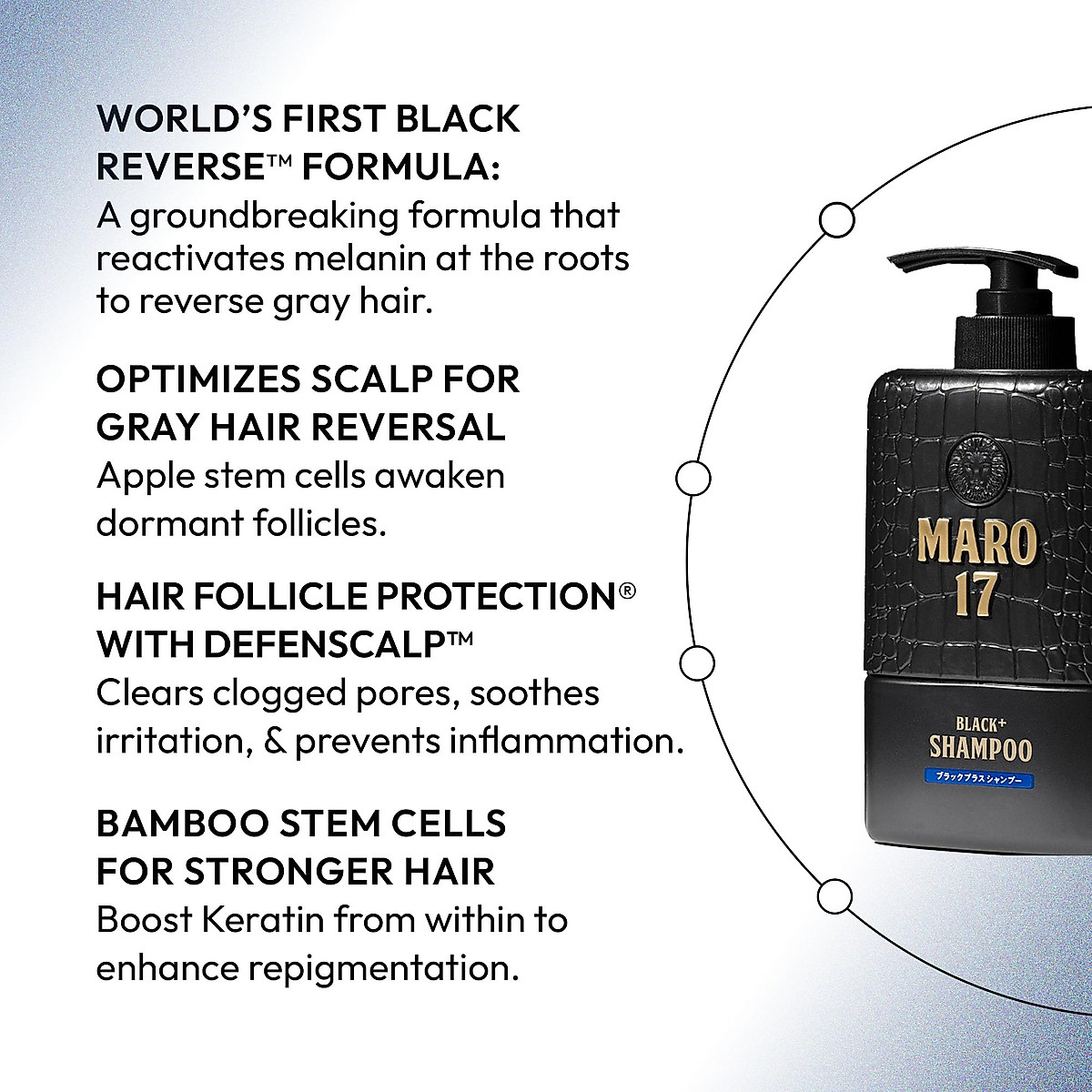 MARO17 Black+ Shampoo - Mens Shampoo for Gray Hair Reversal - Sulfate Free + DHT Blocker, Royal Jelly & Collagen for Thicker, Darker Hair - Protects Follicles, Promotes Growth, & Prevents Greying