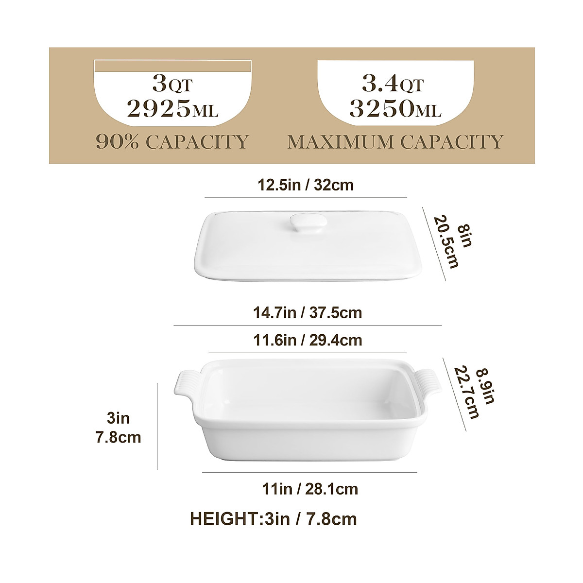 MALACASA 3.4 Quart Baking Dish With Lid, Porcelain Casserole dish with Lid, 13 x 9 Lasagna Pan Deep with Lid, Rectangular Bakeware With Handle, Microwave, Oven Safe, White, Series BAKE