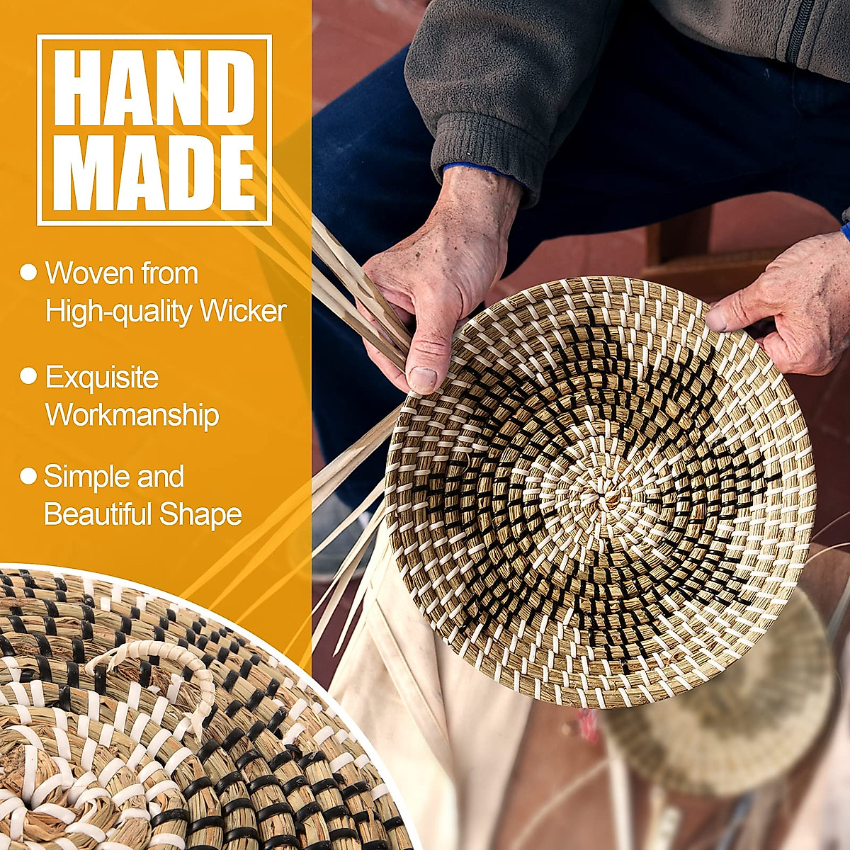 Set of 3 Decorative Wall Basket - Boho Hand Woven Rattan Hanging Decor Round Flat Wicker Baskets for Home Living Room Housewarming Gift