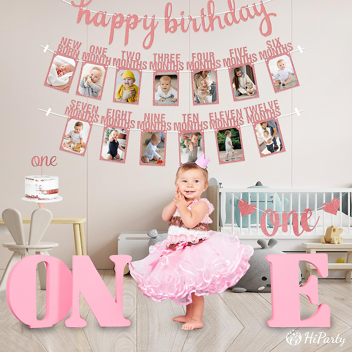 1st Birthday Baby Photo Banner, Happy Birthday Banner 17pcs First Birthday Decorations for Girl Newborn to 12 Months, First Birthday Photo Banner Garland Bunting with ONE Cake Topper, Rose Gold