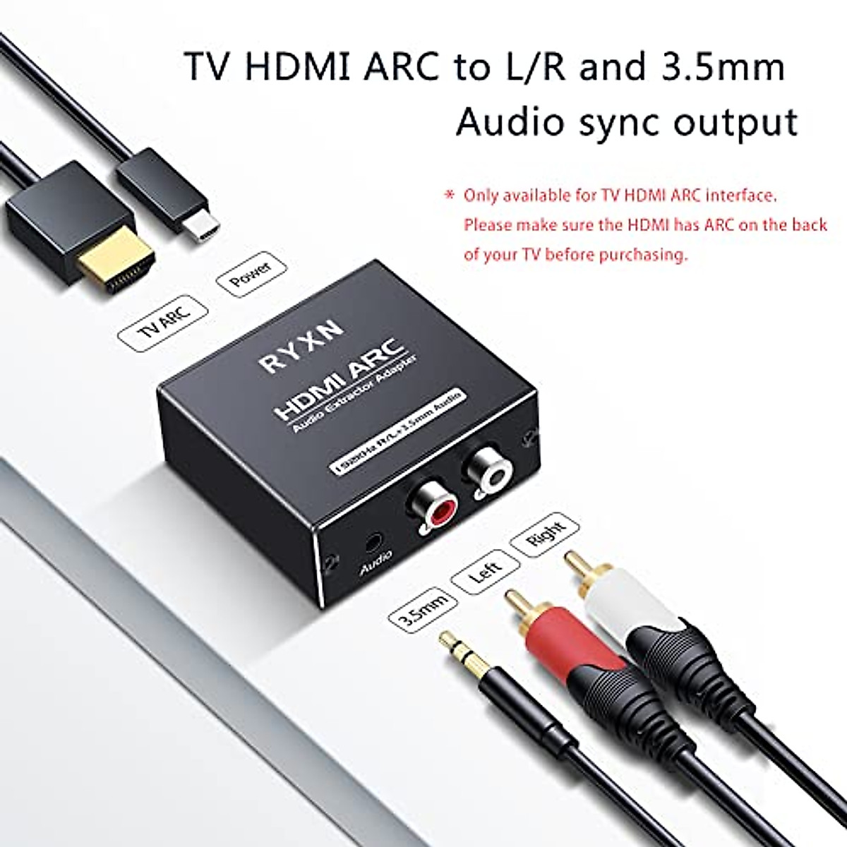 HDMI ARC Audio Extractor 192KHz, HDMI ARC Adapter with 3.5mm Audio and L/R Stereo Audio for HDTV Soundbar Speaker Amplifier