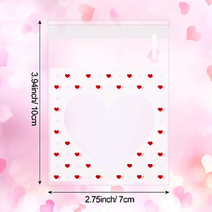 Konsait 200pcs Valentines Cellophane Bags, Valentines Cookie Candy Treat Bags Self-Adhesive Sweets Biscuit Bags Plastic Bags for Valentines Party Favors Supplies, Heart Gifts Goody Bags
