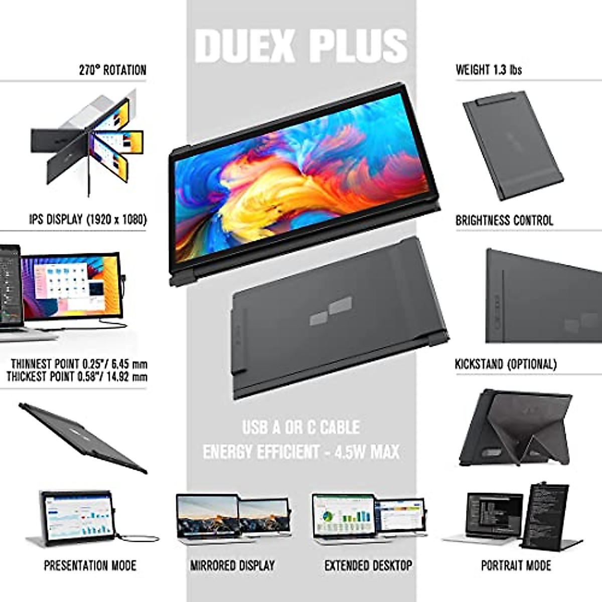 Mobile Pixels MPDUEXPLUS-RB Duex Lite 12.5" Portable Monitor Full HD 1080P IPS Screen Grey - Certified (Renewed)