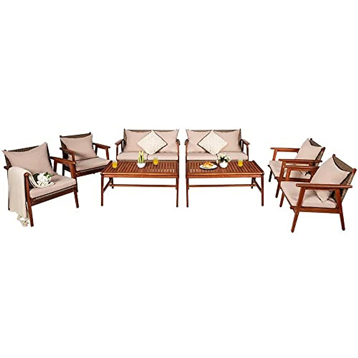 LIRUXUN 8PCS Patio Rattan Furniture Set Acacia Wood Frame Cushioned Sofa Chair Garden Coffee Table