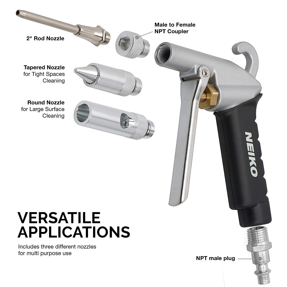 NEIKO 31121A High Flow Air Blow Gun | 3 Pc Pneumatic Air Nozzle | Dust Gun | Air Gun Compressor Accessories | ¼”