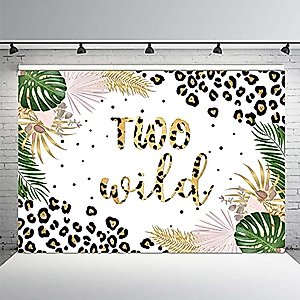 MEHOFOND Two Wild Backdrop for Girls Leopard Pink Jungle Safari Theme 2nd Birthday Party Decoration Background Tropical Leaves Leopard Print Cake Table Banner Supplies 7x5ft