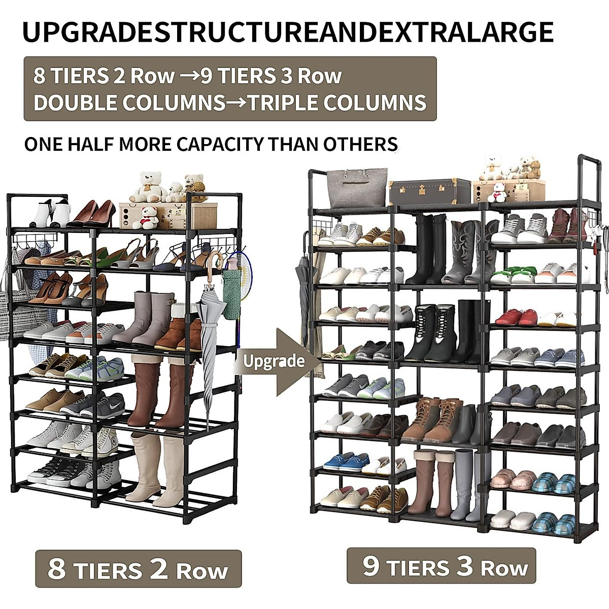 Piggy-G 9 Tiers Shoes Rack for Entryway, Shoe Organizer with Hook Rack, Shoe Storage Shelf Organizer Stackable Long Shoe Shelf for Hallway Entryway, Closet, Garage, Bedroom, Cloakroom