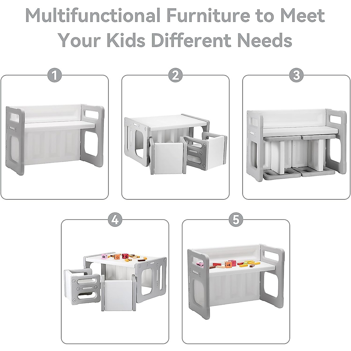 DOREROOM 4 in 1 Kids Table and 2 Chairs Set with Storage, Toddler Table and Chair Set for Kids Ages 3-10, Graffiti & Building Blocks Double-Sided Tabletop (Gray, 2 Chairs)