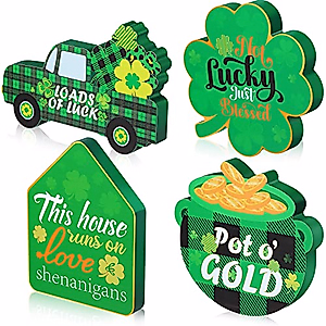 4 Pcs St. Patrick's Day Table Wooden Signs House Pot Truck Lucky Shamrock Wooden Signs Buffalo Plaid Freestanding Irish Decor for St Patricks Day Tiered Tray Desk Office Home Party Decor, 4 Styles