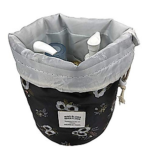 WONSHREE Drawstring Cosmetic Bag Lazy Travel Makeup Bag Barrel Toiletry Bag Organizer Portable Quick Packing Pouch for Women Girls, Black Flowers