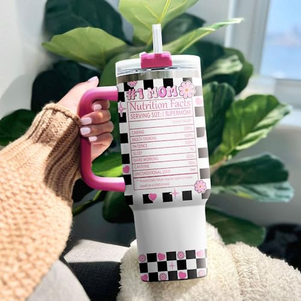 99WHALE Best Mom Ever Gifts, Mom Fashion Checked Nutrition Facts, Tumbler 40 Oz With Handle Lid And Straw, Steel Cups Green Parade Camelia Print Stainless Simple Red Rose Gold Water