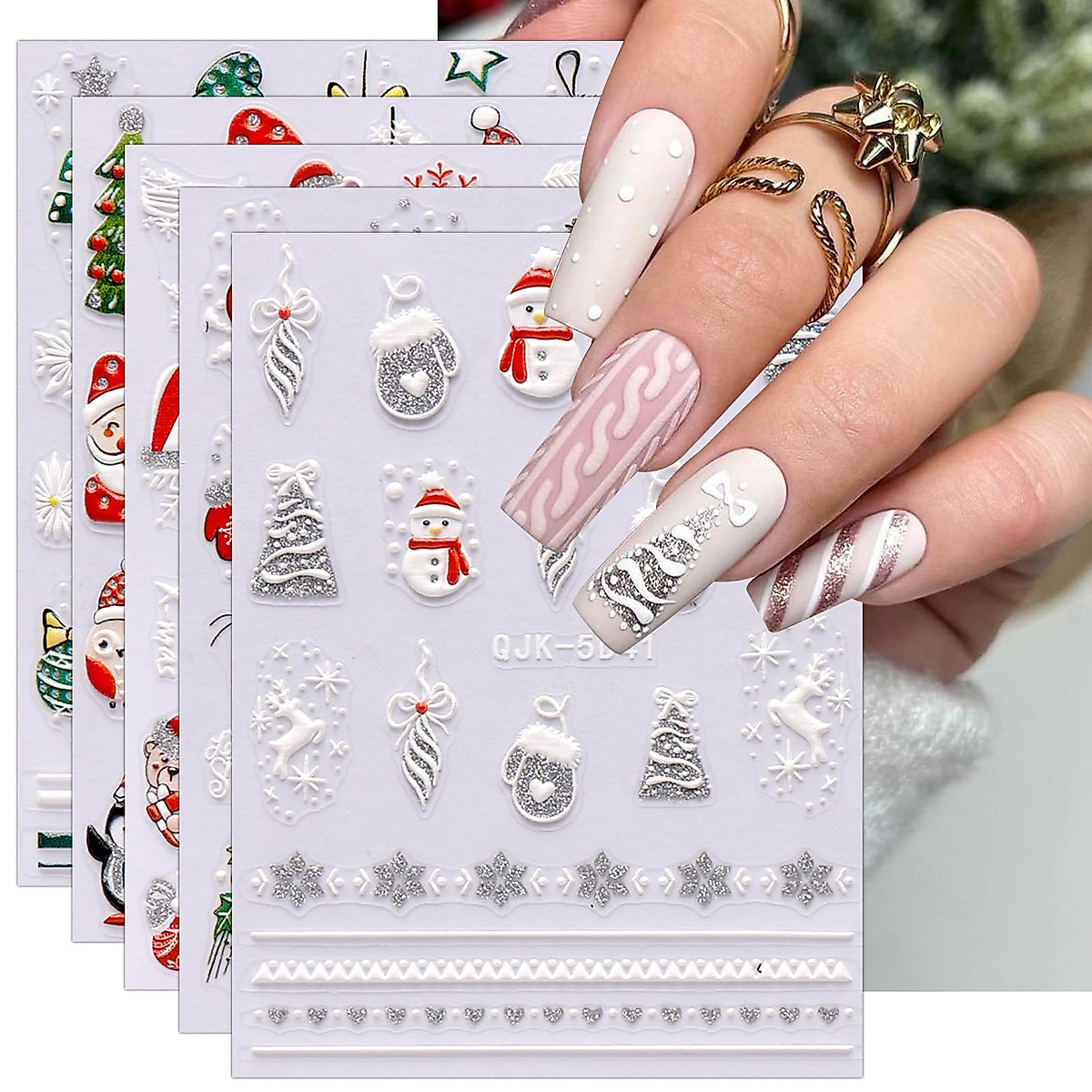JMEOWIO 6 Sheets 3D Embossed Christmas Glitter Nail Art Stickers Decals Self-Adhesive Pegatinas Uñas 5D Snowman Elk Snowflake Xmas Winter Holiday Nail Supplies Nail Art Design Decoration Accessories