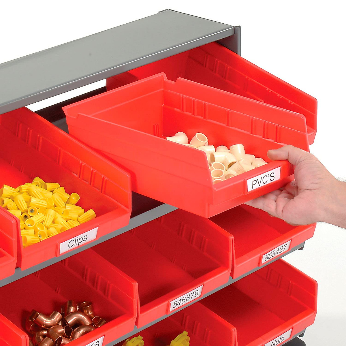 Global Industrial 3 Shelf Bench Rack, (12) 8" W Red Bins, 33x12x21