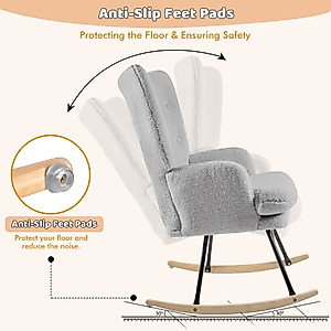 Waleaf Rocking Chair Nursery Chair Teddy Upholstered Glider Rocker Rocking Accent Chair Padded Seat with High Backrest Armchair Bedroom Chair Comfy Chair (Grey)…
