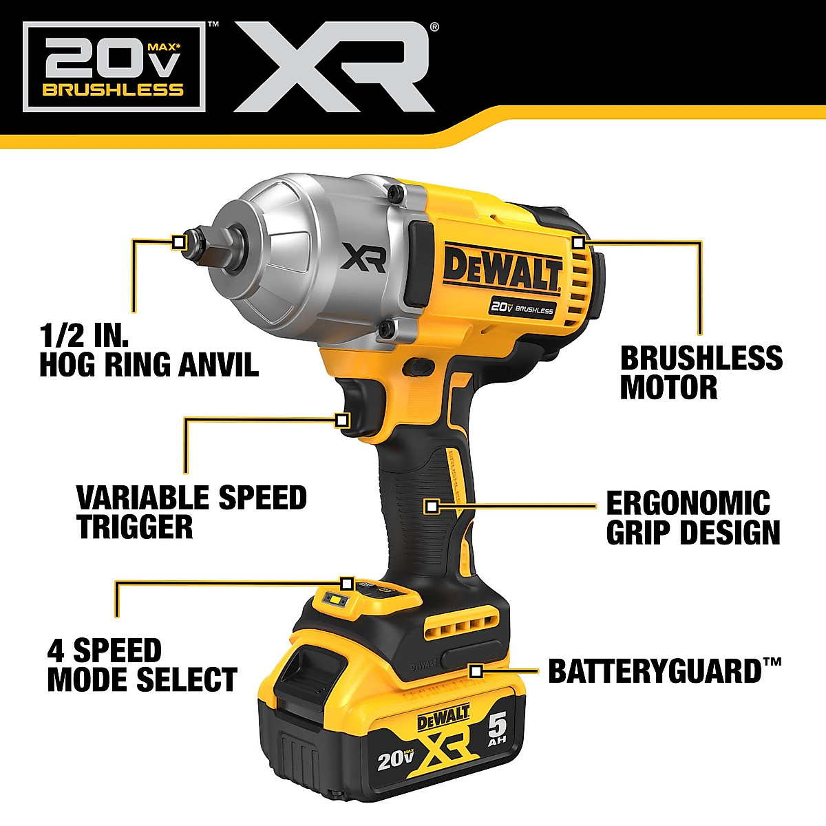 DEWALT 20V MAX Cordless Impact Wrench Kit, 1/2" Hog Ring With 4-Mode Speed, Includes Battery, Charger and Bag (DCF900P1)