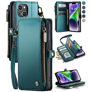 Defencase for iPhone 14 Plus Case, RFID Blocking for iPhone 14 Plus Wallet Case for Women and Men with Card Holder Zipper PU Leather Protective Cover for iPhone 14 Plus Phone Case, Blue Green