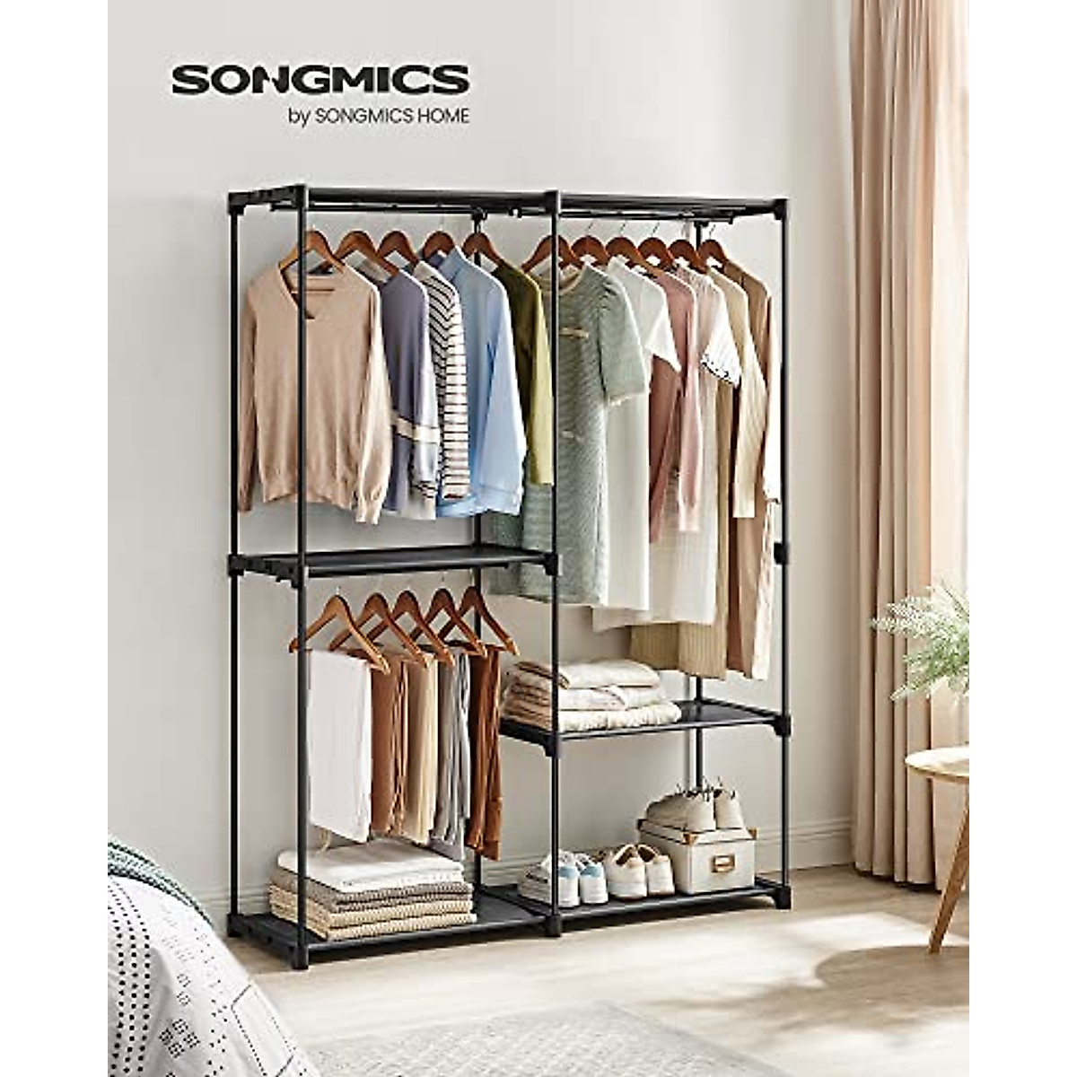 SONGMICS Clothes Rack, Garment Racks for Hanging Clothes, Portable Wardrobe Closet with 3 Hanging Rods and Shelves, Freestanding Closet Organizer, 16.9 x 54.3 x 71.7 Inches, Black URYG025B02