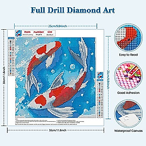 RICUVED Diamond Painting Kits for Adults, Koi Fish 5D Diamond Art Painting Kits Full Round Drill Diamond Dots Art Painting Kits, Diamond Painting for Gift Home Wall Decor 12x12 Inch
