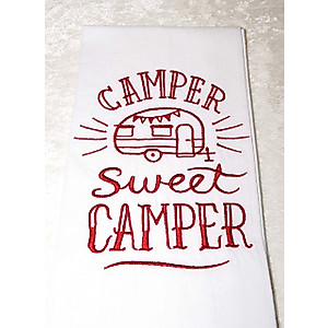 RV Camping Decor - Embroidered Flour Sack Towel - Red on White - Camper Sweet Camper - Handmade by Green Acorn Kitchen