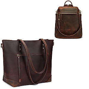 S-ZONE Vintage Genuine Leather Totes for Women Purse Handbag with Anti-thief Backpack Large