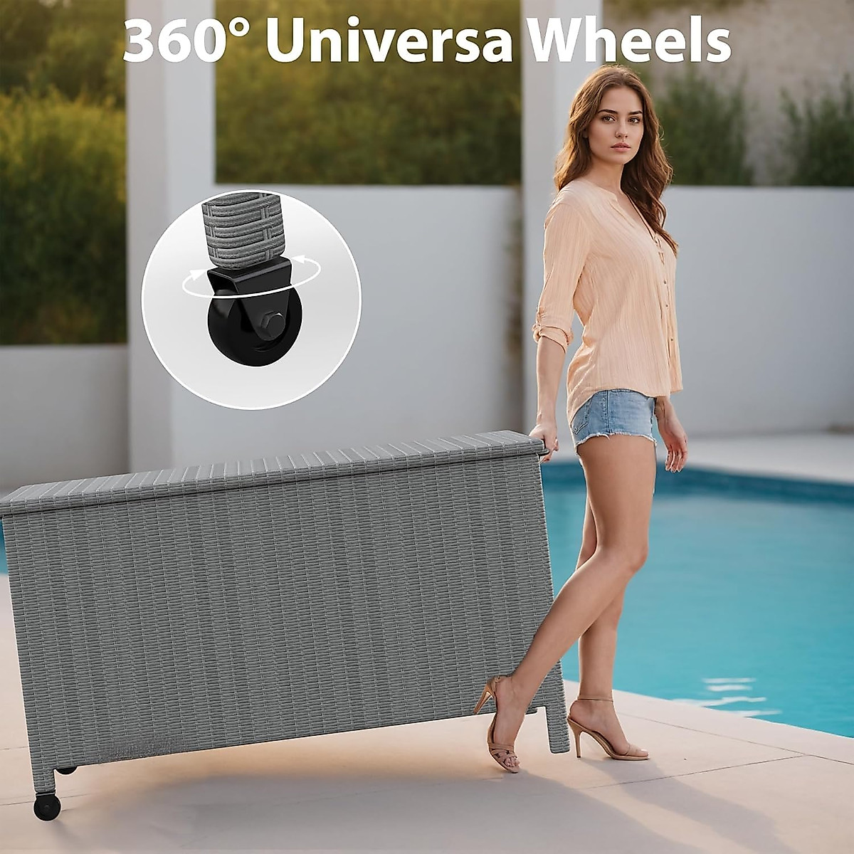 GarveeHome 120 Gallon Large Deck Box - Built-In Handles, Wheels, Rattan Waterproof, Patio Furniture Cushions, Garden Tools