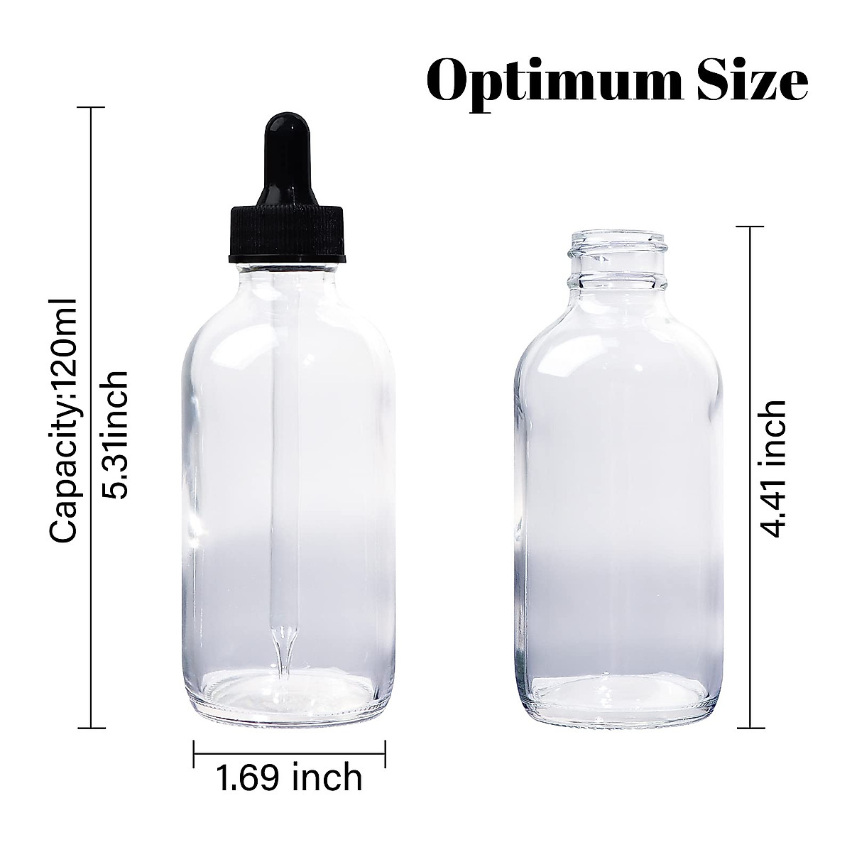 HWASHIN 24 Pack 4oz Clear Glass Bottles with Glass Eye Droppers for Essential Oils, Perfumes & Lab Chemicals (2 Brushes, 2 Funnels, 2 Extra Droppers, 36 Pieces Labels & 30ml Measuring Cup Included)