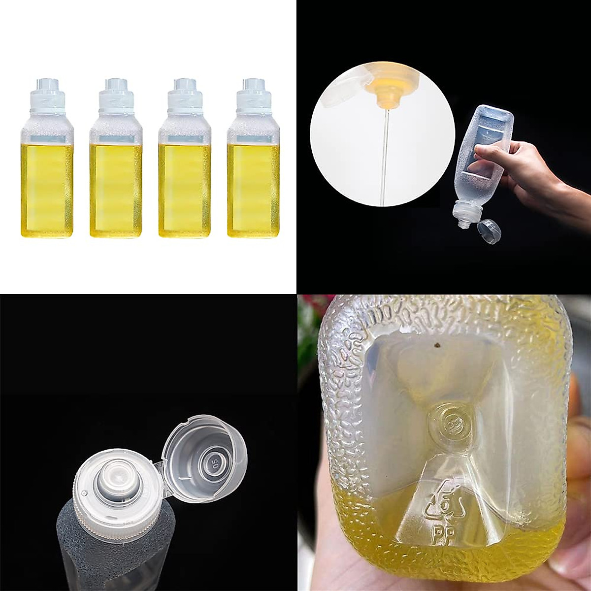 CHENSHUO Plastic Squeeze Bottle, Clear Condiment Squeeze Bottle, With Silicone Valve Non Return Cap,Suitable for Oil, Honey, BBQ Sauce and Condiments,10 OZ Anti Slip Squeeze Bottle,4 Pieces