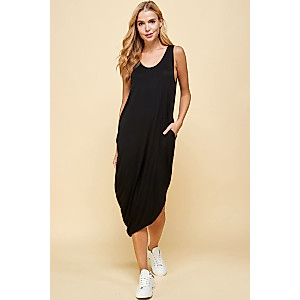 Emma's Closet Women's Tank Dress - Sleeveless Scoop Neck Soft Modal Casual Midi One Piece with Pockets GD2317 Black M