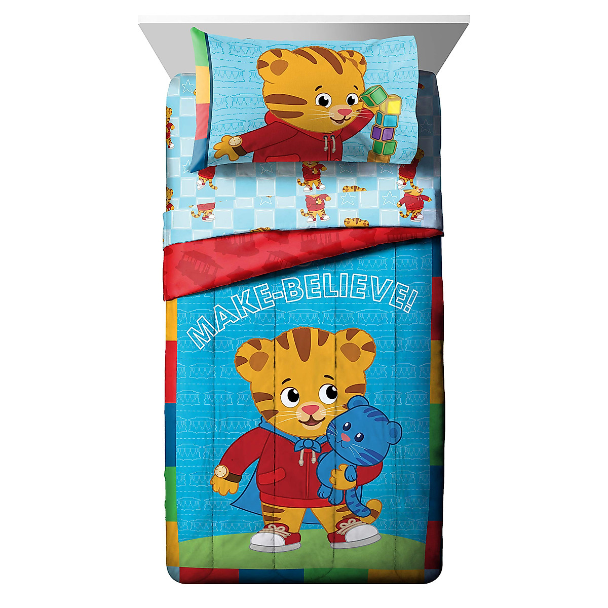 Daniel Tiger's Neighborhood Tiger Trolley 4 Piece Toddler Bed Set – Includes Comforter & Sheet Set Bedding - Super Soft Fade Resistant Microfiber (Official Daniel Tiger's Neighborhood Product)