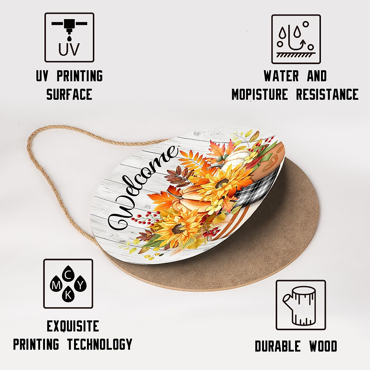 Fall Welcome Sign Door Sign 12"x12" Rustic Fall Decorations Hanging Door Sign Thanksgiving Farmhouse Welcome Round Wooden Sign for Home Front Door Wall Porch Yard Garden