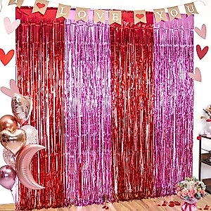 LOLStar 3 Pack Valentines Foil Fringe Curtains Valentine's Day Party Decorations 3.3X6.6 ft Red Pink Tinsel Material Curtain Photo Backdrop Streamer Backdrop for Valentines Day Decor Birthday Wedding
