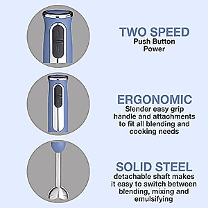 Rae Dunn Immersion Hand Blender- Handheld Immersion Blender with Egg Whisk and Milk Frother Attachments, 2 Speed Blender, 500 Watts, Stainless Steel Blade (Navy)