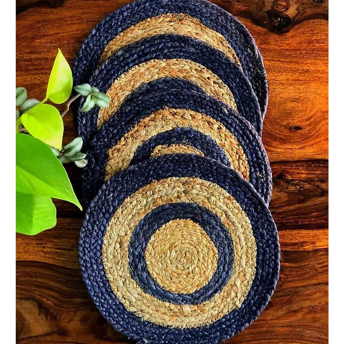 Round Handmade Jute Wicker Placemat, Natural Woven Rustic Dining,m Kitchen Placemat Table Mats, Table Decor, Kitchen Decor Gift (Set of 6) (11.81 Inch Approx, Beige & Blue)