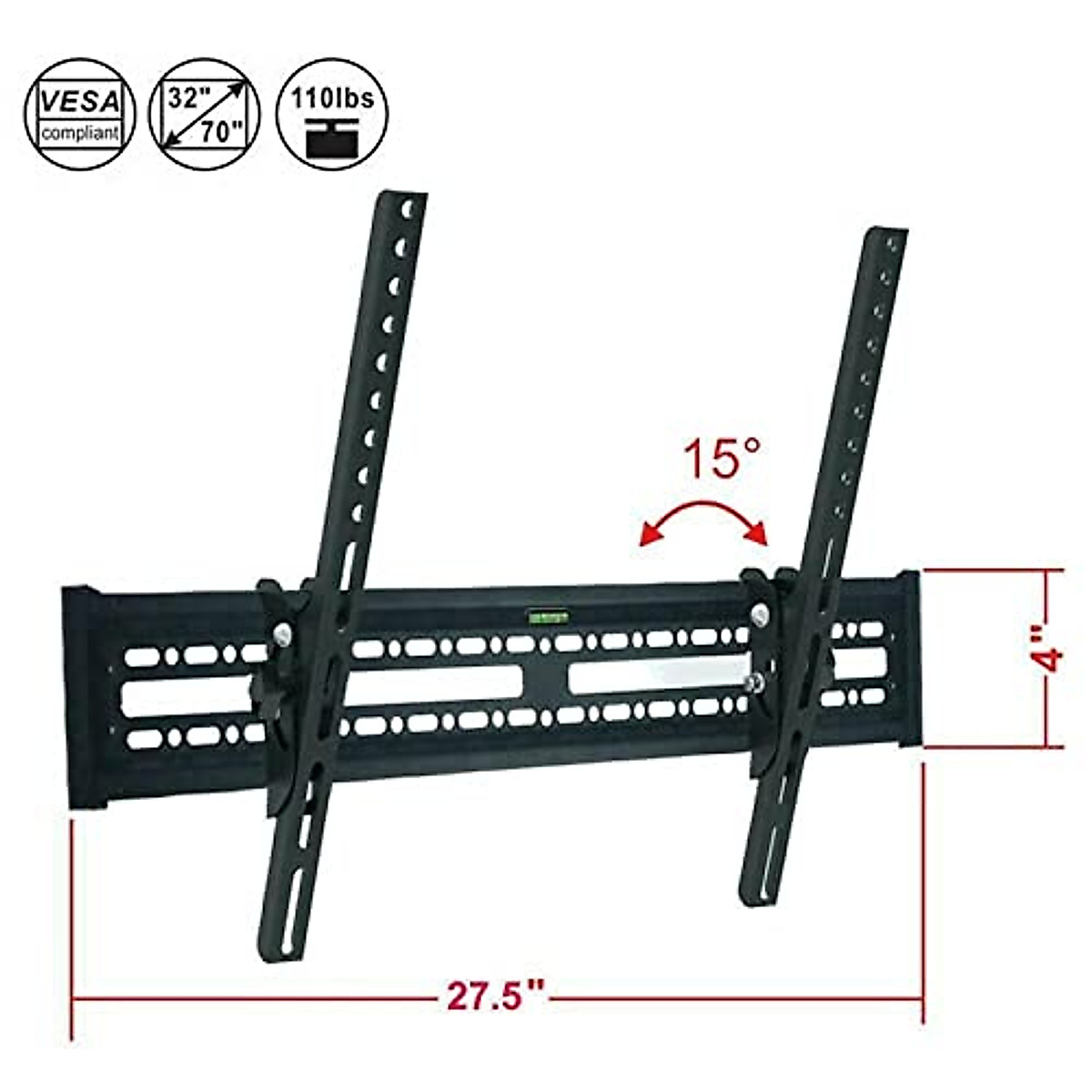 Tilt 15°TV Wall Mount for 32 37 40 47 50 55 60 65 70 Plasma LED LCD TV Display, Heavy-Duty Steel Construction in Classic Black Finish, Load Capacity Up to 110lbs GPJCFCDUS