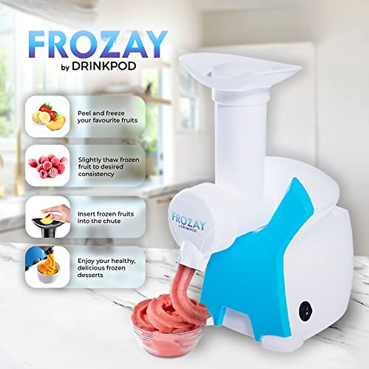Drinkpod Frozay: The Ultimate Healthy Frozen Dessert Maker - Dairy-Free, Vegan Ice Cream, Soft Serve Frozen Yogurt, Fruit Sorbet, and Sherbet Machine with Simple One Push Operation With Recipe Book (Frozay White)